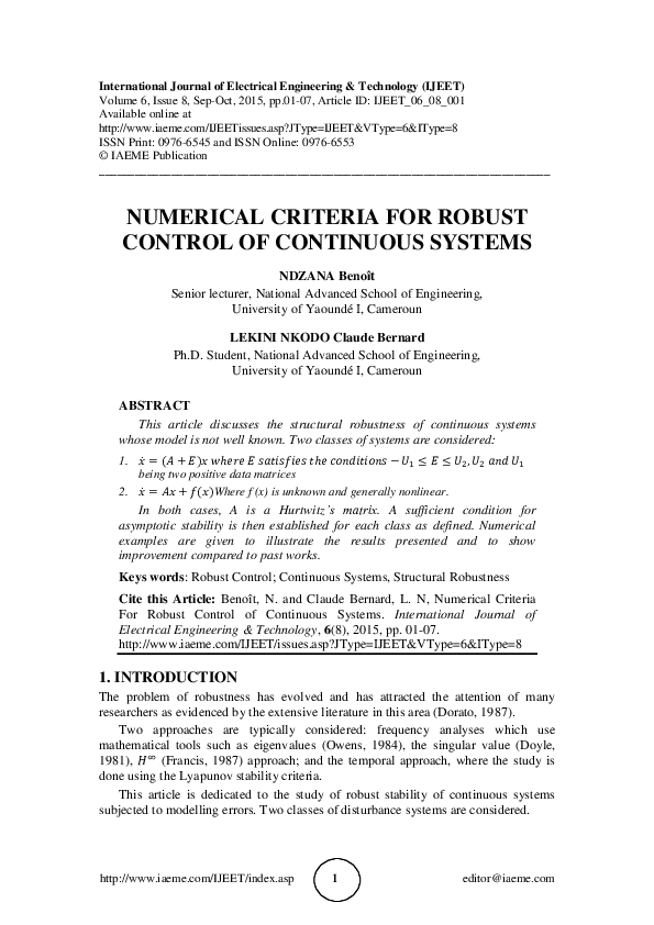 (PDF) NUMERICAL CRITERIA FOR ROBUST CONTROL OF CONTINUOUS SYSTEMS