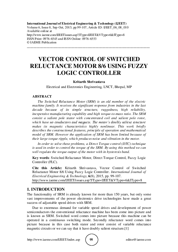Pdf Vector Control Of Switched Reluctance Motor 86 Using Fuzzy Logic Controller