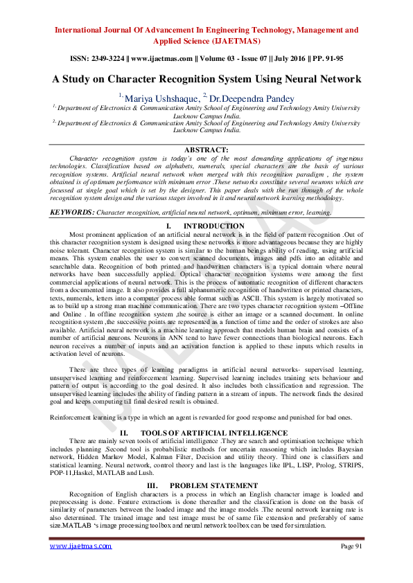 (PDF) A Study on Character Recognition System Using Neural Network