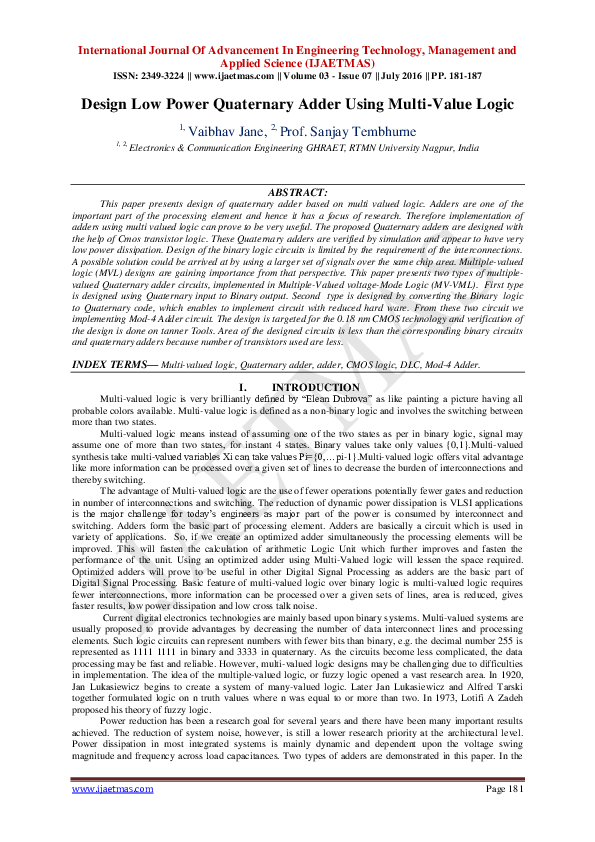 Pdf Design Low Power Quaternary Adder Using Multi Value Logic