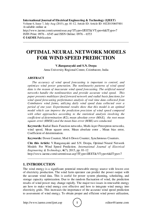 (PDF) OPTIMAL NEURAL NETWORK MODELS FOR WIND SPEED PREDICTION