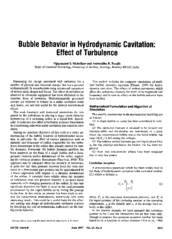 (PDF) Bubble behavior in hydrodynamic cavitation: Effect of turbulence