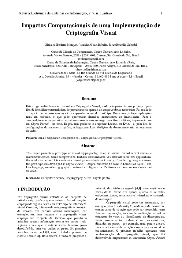 (PDF) Impactos Computacionais de uma Implementação de Criptografia Visual