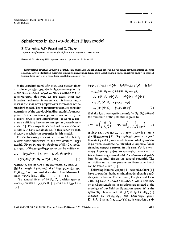 (PDF) Sphalerons in the two-doublet Higgs model | Roberto Peccei - Academia.edu