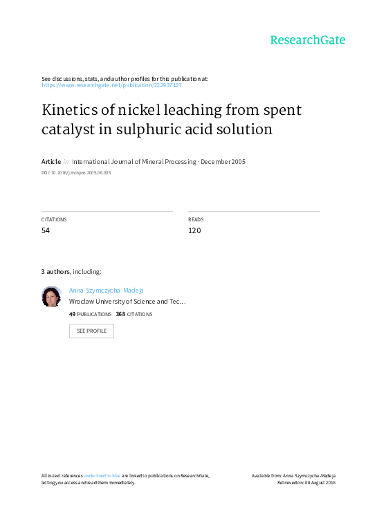 (PDF) Kinetics of nickel leaching from spent catalyst in sulphuric acid ...