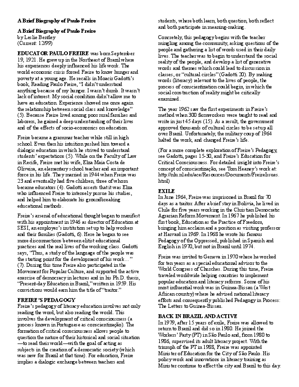 (DOC) A Brief Biography of Paulo Freire A Brief Biography of Paulo Freire (DOC) A Brief Biography of Paulo Freire A Brief Biography of Paulo Freire