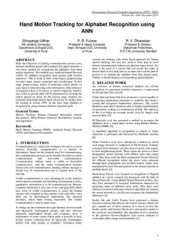 Hand Motion Tracking for Alphabet Recognition using ANN