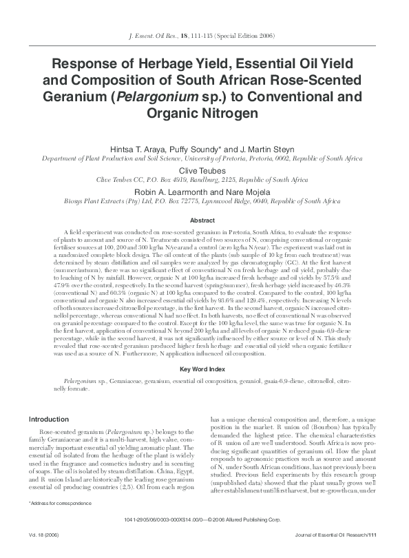 (PDF) Response of herbage yield, essential oil yield and composition of South African rose ...