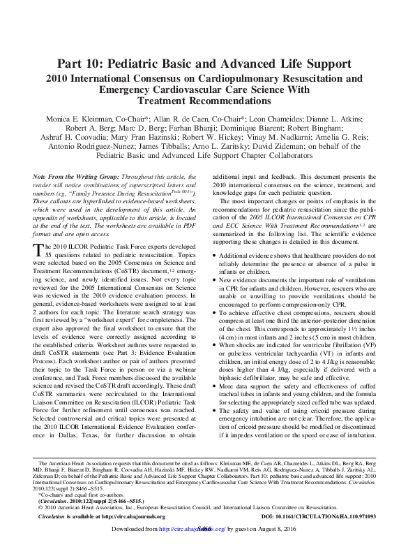 (PDF) Part 10: Pediatric Basic and Advanced Life Support: 2010 International Consensus on ...