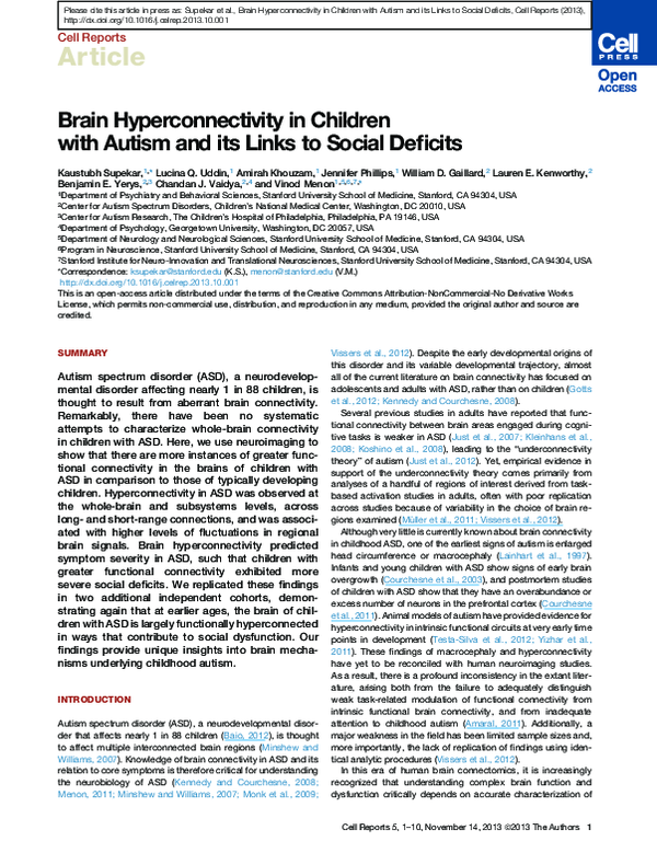 (PDF) Brain Hyperconnectivity in Children with Autism and its Links to ...