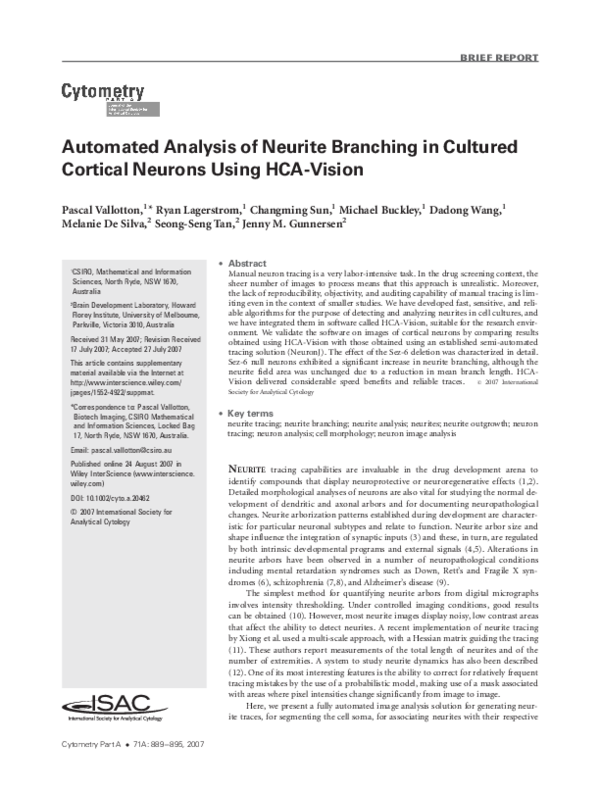(PDF) Automated analysis of neurite branching in cultured cortical neurons using HCA-Vision
