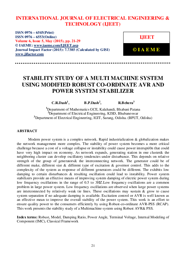 (PDF) STABILITY STUDY OF A MULTI MACHINE SYSTEM USING MODIFIED ROBUST ...