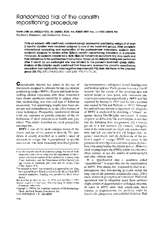 (PDF) A Randomized Trial of the Canalith Repositioning Procedure