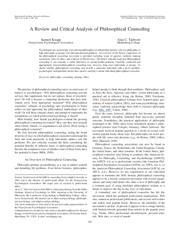 Pdf A Review And Critical Analysis Of Philosophical Counseling