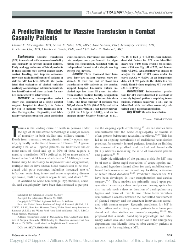 (PDF) A Predictive Model for Massive Transfusion in Combat Casualty ...