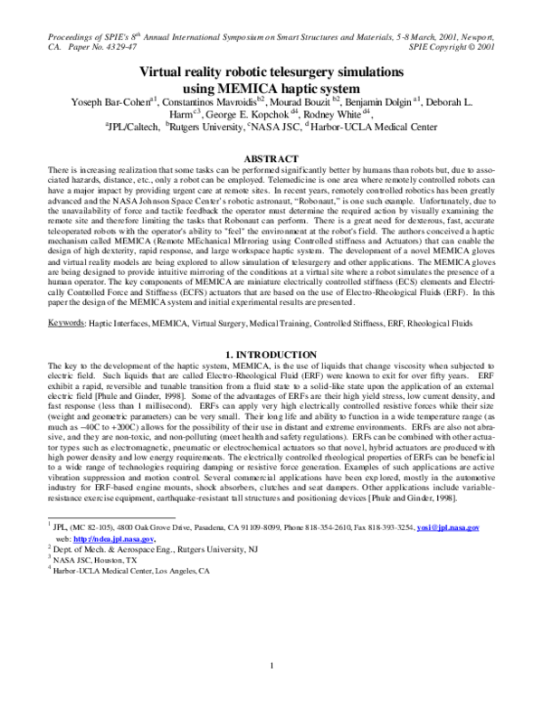 (PDF) Virtual reality robotic telesurgery simulations using MEMICA haptic system