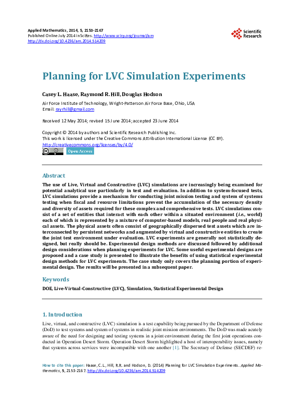 (PDF) Planning for LVC Simulation Experiments | Douglas Hodson and Raymond Hill - Academia.edu