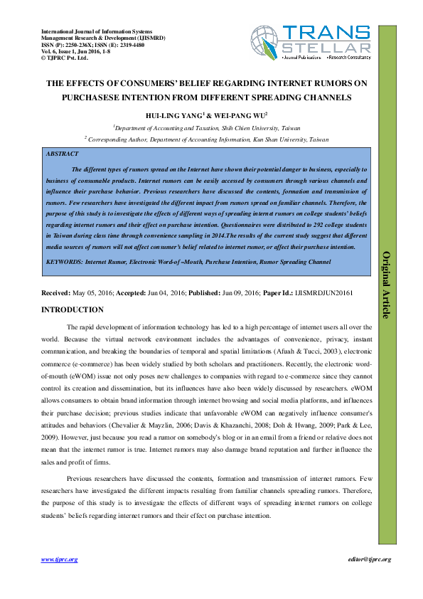 THE EFFECTS OF CONSUMERS' BELIEF REGARDING INTERNET RUMORS ON ...