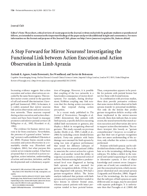 (PDF) A Step Forward for Mirror Neurons? Investigating the Functional ...