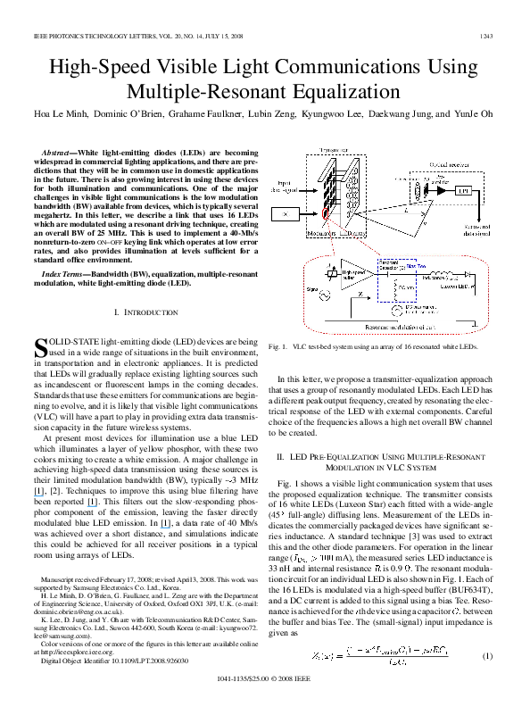 Pdf High Speed Visible Light Communications Using Multiple Resonant Equalization