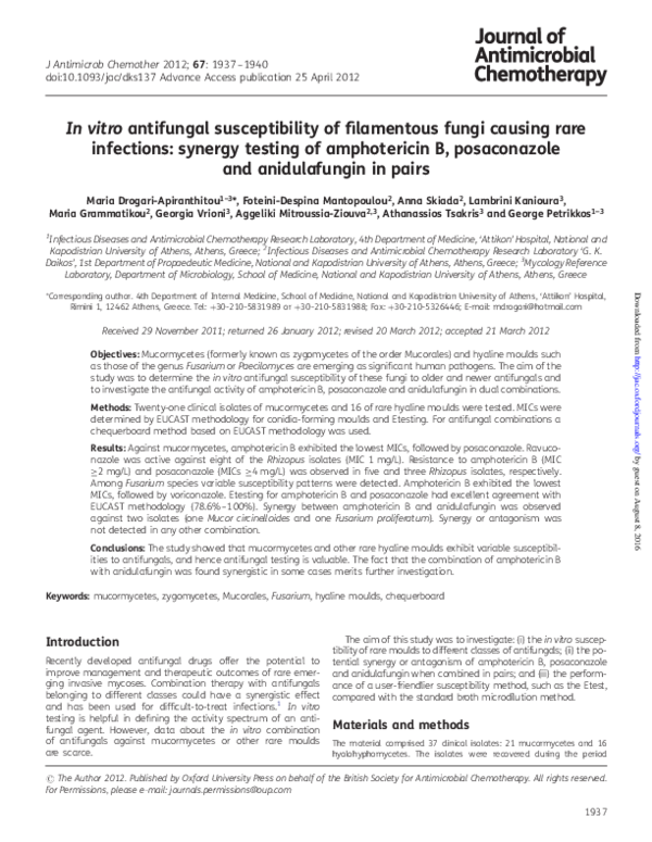 (PDF) In vitro antifungal susceptibility of filamentous fungi causing rare infections: synergy ...