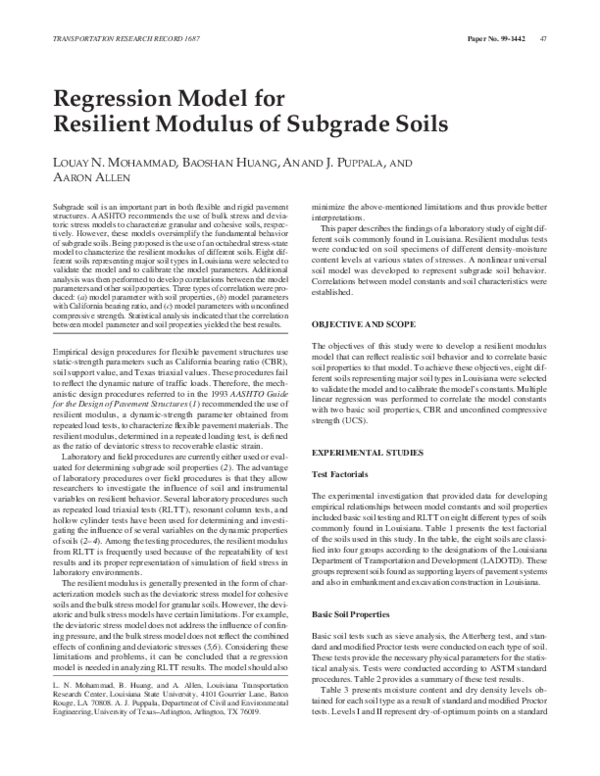 (PDF) Regression Model for Resilient Modulus of Subgrade Soils | Louay Mohammad - Academia.edu