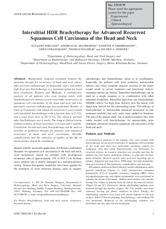 (PDF) Interstitial HDR brachytherapy for advanced recurrent squamous ...