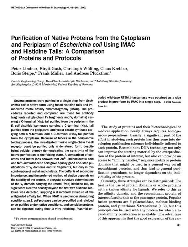 Purification of native proteins from the cytoplasm and periplasm of ...