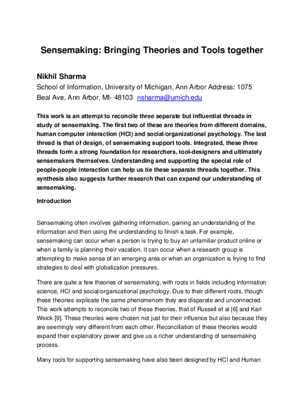 (PDF) Sensemaking: Bringing theories and tools together