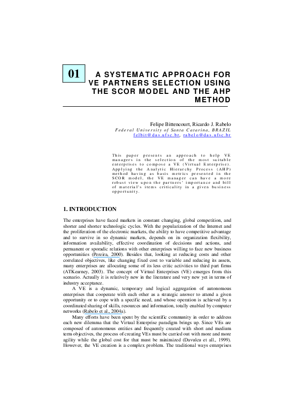 Pdf A Systematic Approach For Ve Partners Selection Using The Scor Model And The Ahp Method