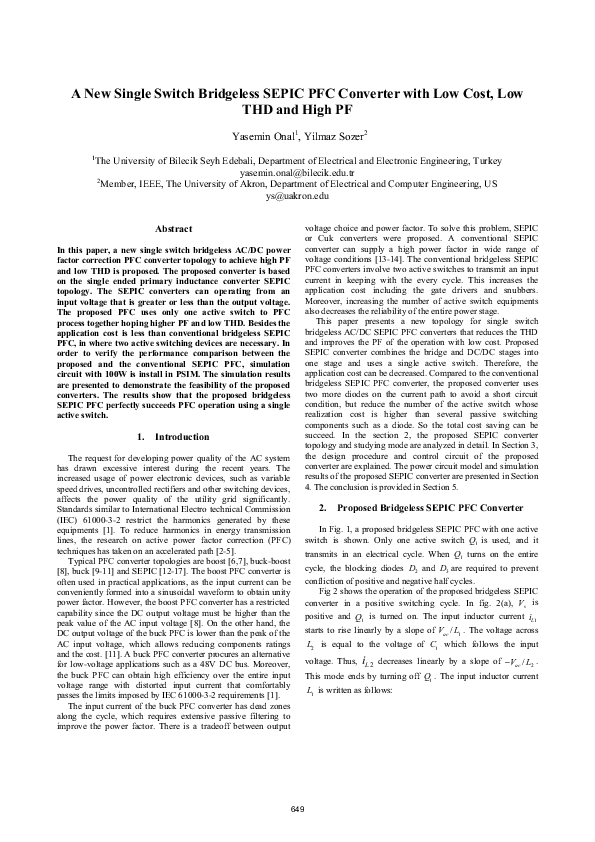 (PDF) A New Single Switch Bridgeless SEPIC PFC Converter with Low Cost ...