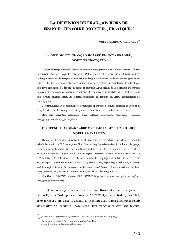 (PDF) LA DIFFUSION DU FRANÇAIS HORS DE FRANCE: histoire, modèles, pratiques