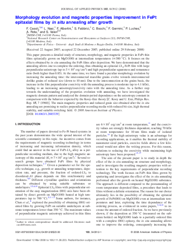 (PDF) Morphology evolution and magnetic properties improvement in FePt ...