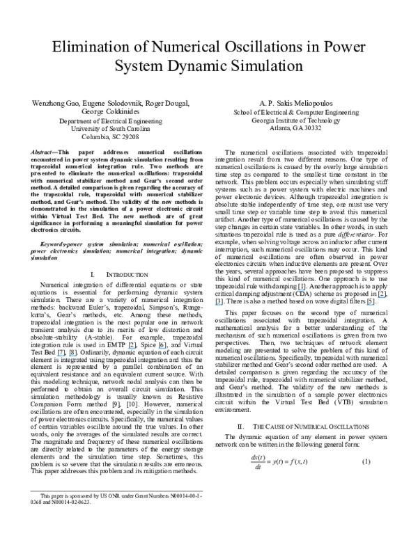 (PDF) Elimination of numerical oscillations in power system dynamic simulation