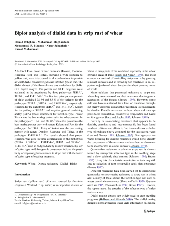 (PDF) Biplot analysis of diallel data in strip rust of wheat