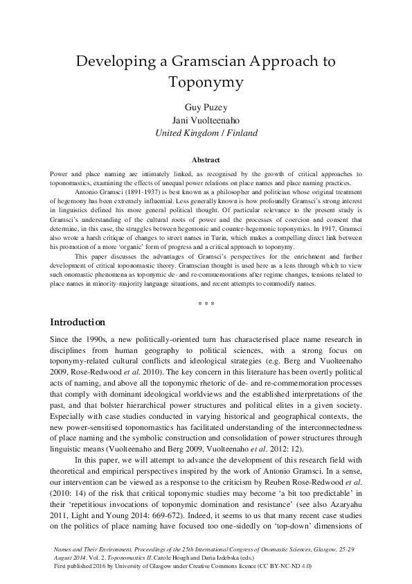 (PDF) Developing a Gramscian Approach to Toponymy