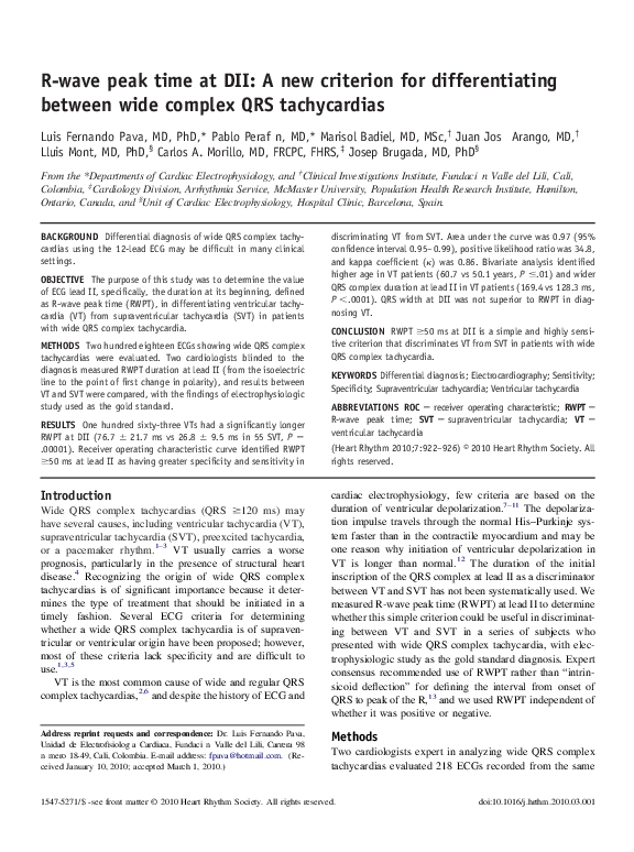 (PDF) R-wave peak time at DII: A new criterion for differentiating ...