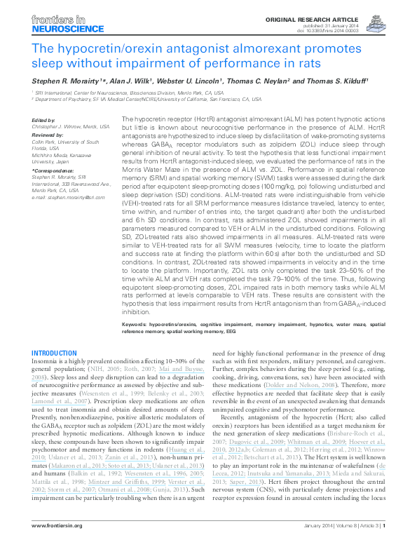 (PDF) The hypocretin/orexin antagonist almorexant promotes sleep ...