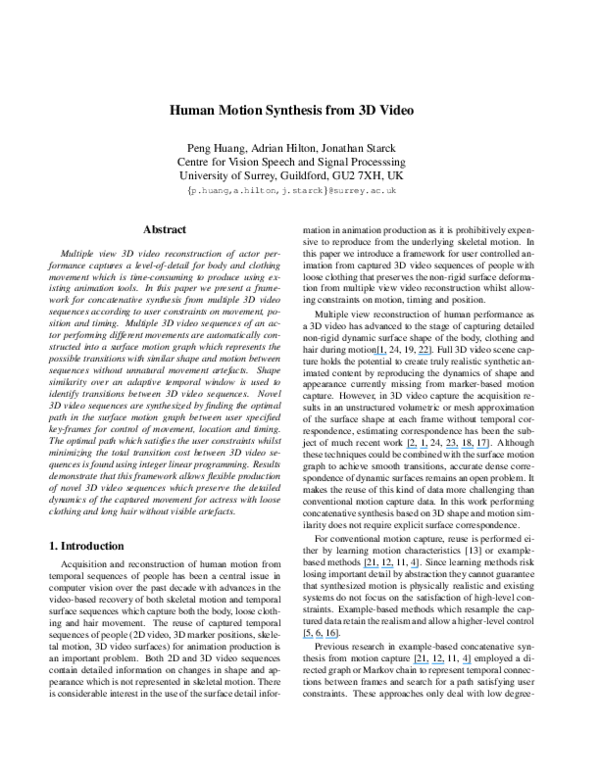 (PDF) Human motion synthesis from 3D video