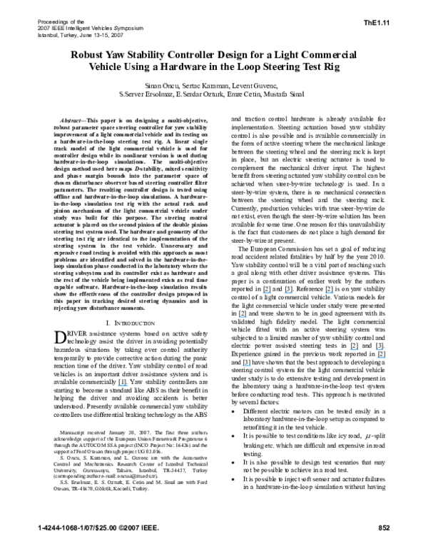 (PDF) Robust Yaw Stability Controller Design for a Light Commercial Vehicle Using a Hardware in ...