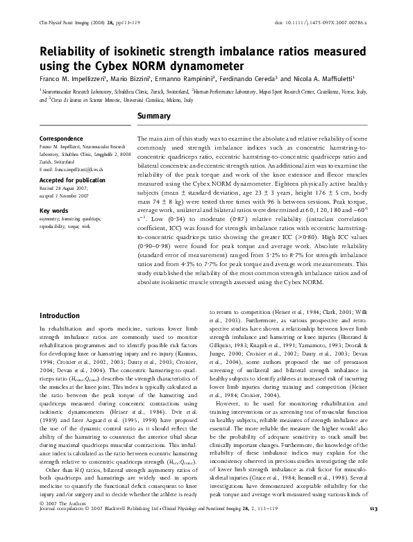 (PDF) Reliability of isokinetic strength imbalance ratios measured ...