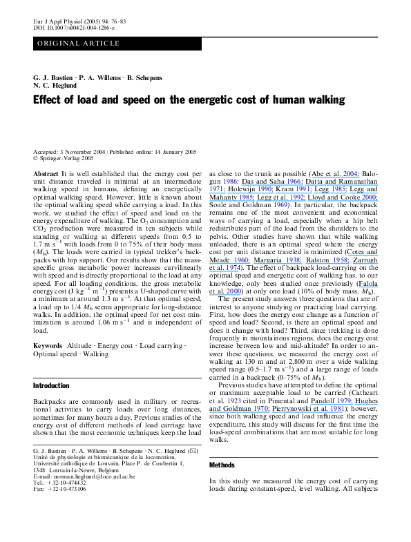 (PDF) Effect of load and speed on the energetic cost of human walking