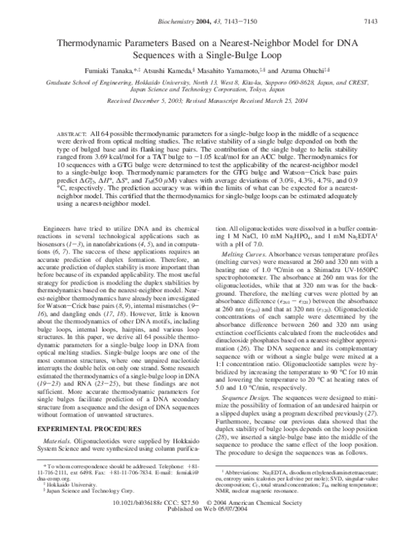 (PDF) Thermodynamic Parameters Based on a Nearest-Neighbor Model for ...