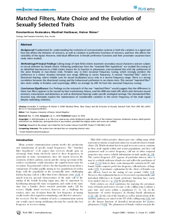 (PDF) Matched Filters, Mate Choice and the Evolution of Sexually Selected Traits