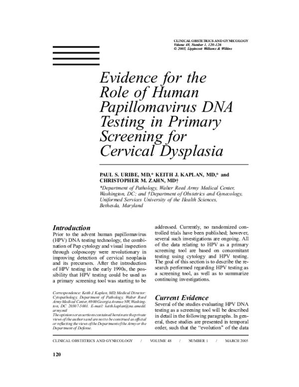 (PDF) Evidence for the Role of Human Papillomavirus DNA Testing in ...