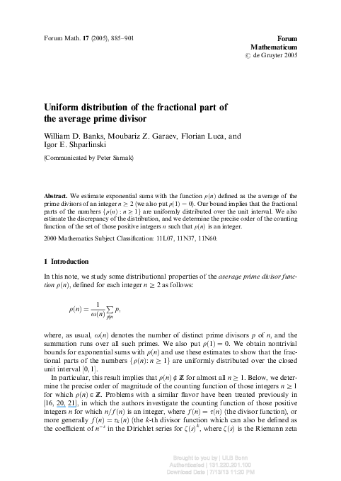 (PDF) Uniform distribution of the fractional part of the average prime divisor