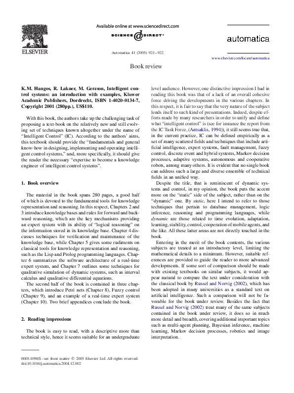 (PDF) Intelligent control systems: an introduction with examples
