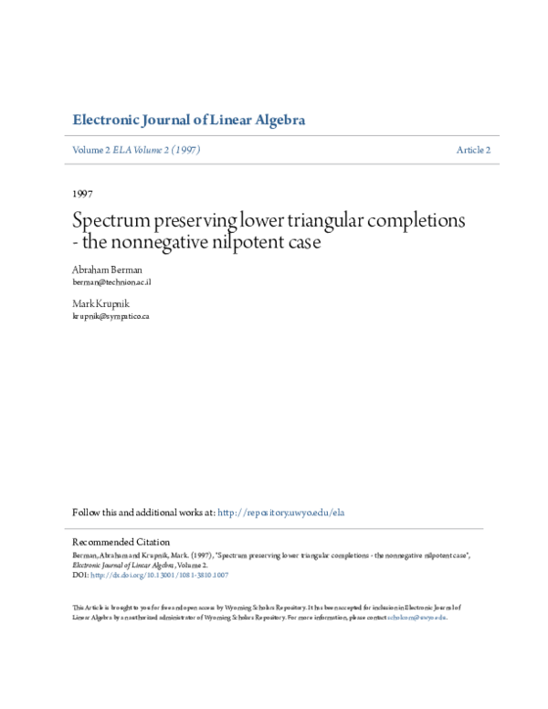 (PDF) Spectrum preserving lower triangular completions - the nonnegative nilpotent case