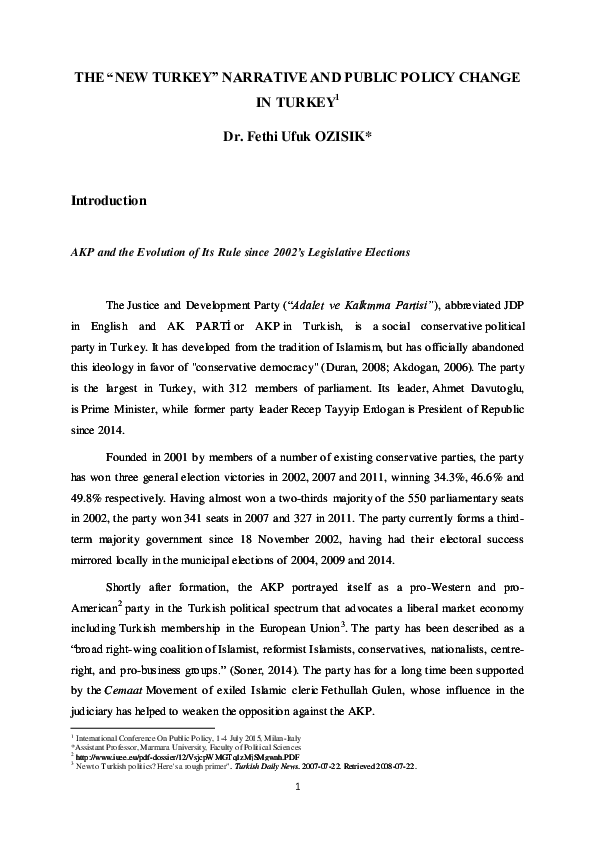 (PDF) THE " NEW TURKEY " NARRATIVE AND PUBLIC POLICY CHANGE IN TURKEY 1