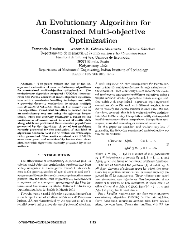 Pdf An Evolutionary Algorithm For Constrained Multi Objective Optimization Fernando Jimenez 